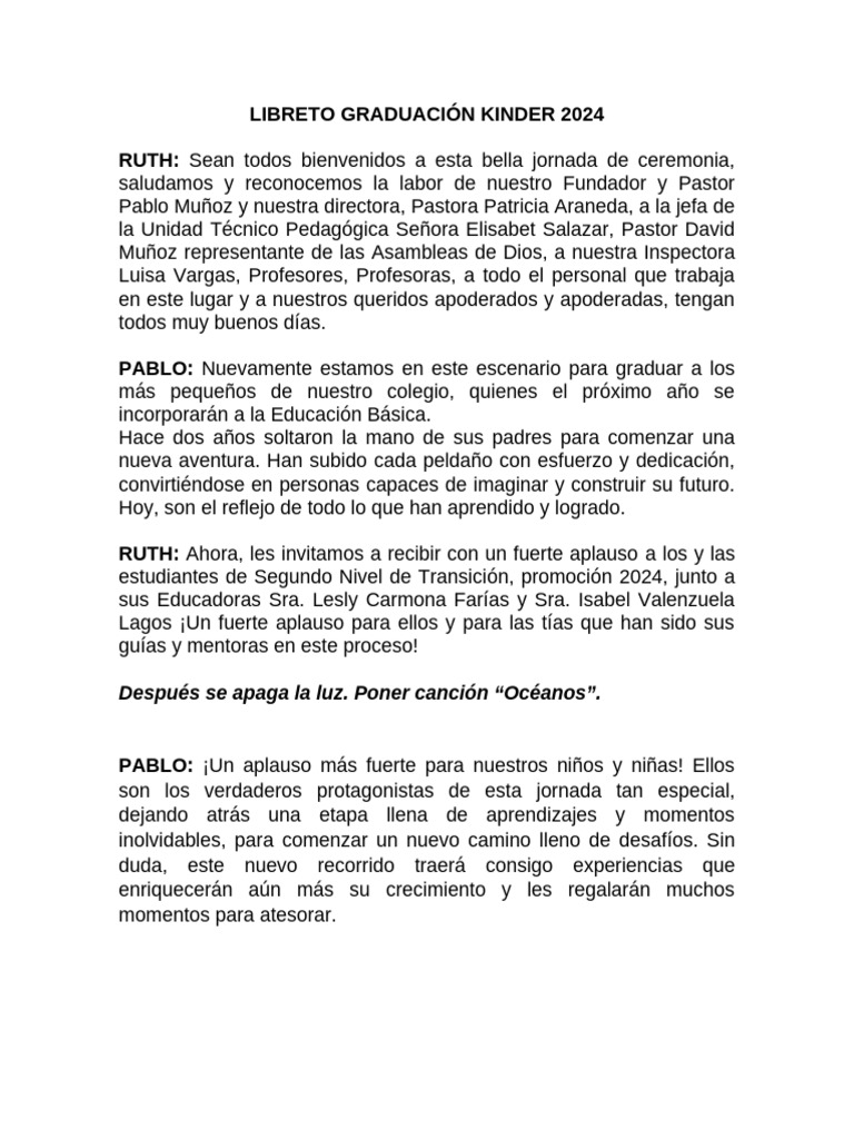 Libreto Graduación Kinder 2024 | PDF | Educación de la primera infancia