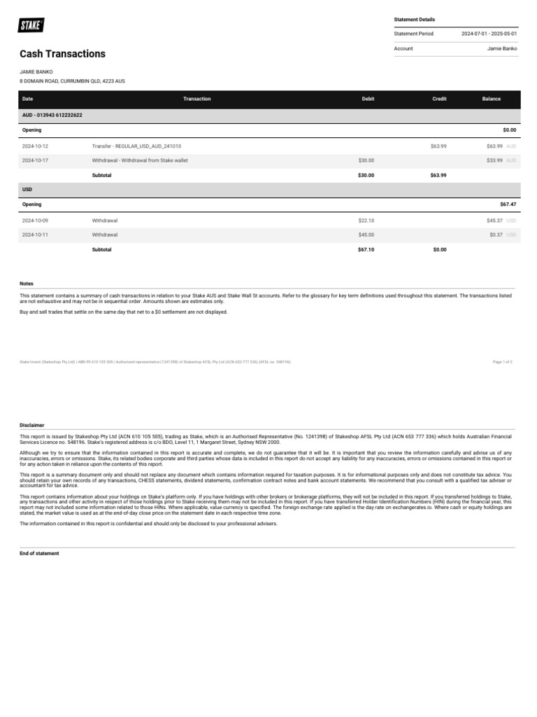 Cash - Transaction - 2024 07 01 2025 05 01 | PDF | Equity (Finance) | Taxes