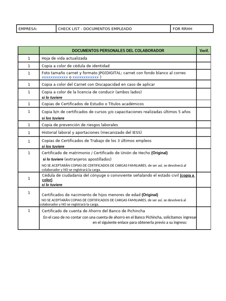 CHECK LIST Documentos de Ingreso Pichincha | PDF