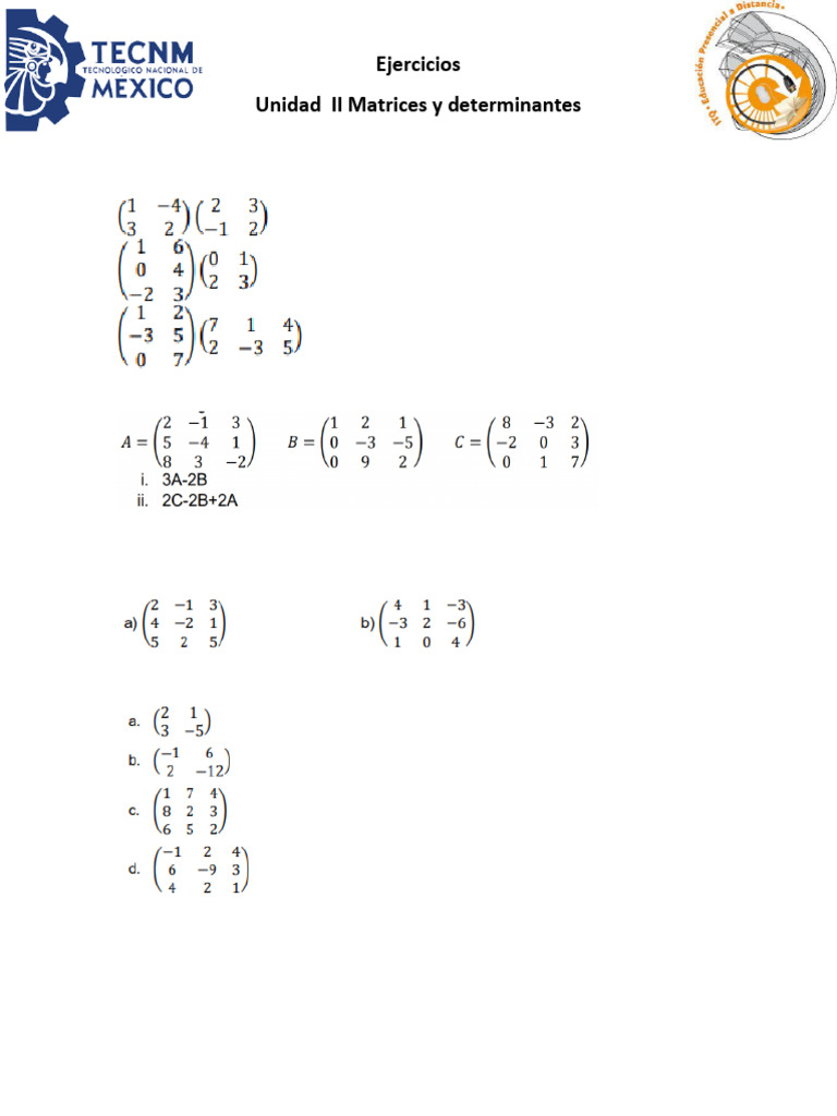 Ejercicios Unidad 2 matrices | PDF
