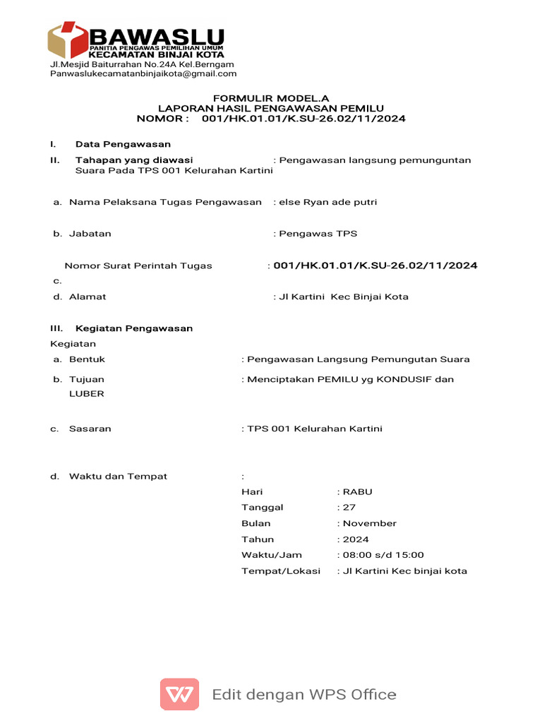 Else Ryan Ade Putri Pengawas Tps 001 Kelurahan Kartini | PDF
