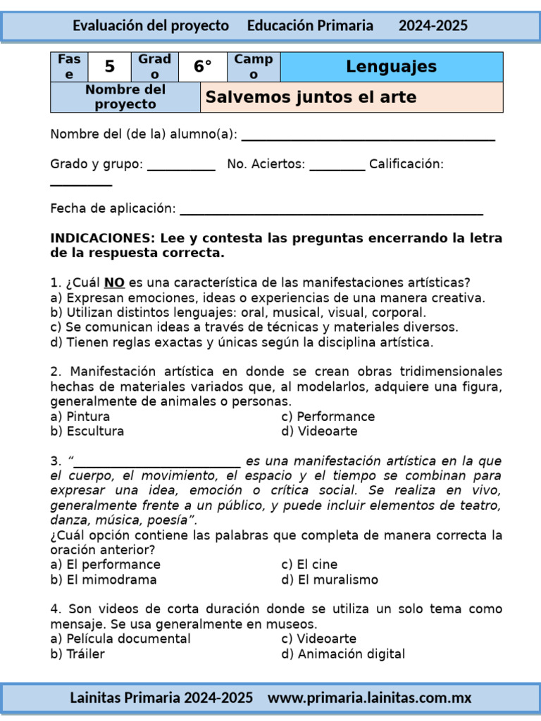 Evaluación del Proyecto Artístico 6° | PDF | Arte de performance | Las ...