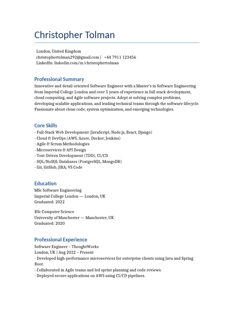 Christopher Tolman Software Engineering Resume | PDF