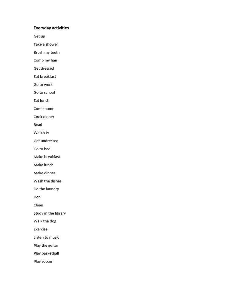 Daily Routine Activities List | PDF