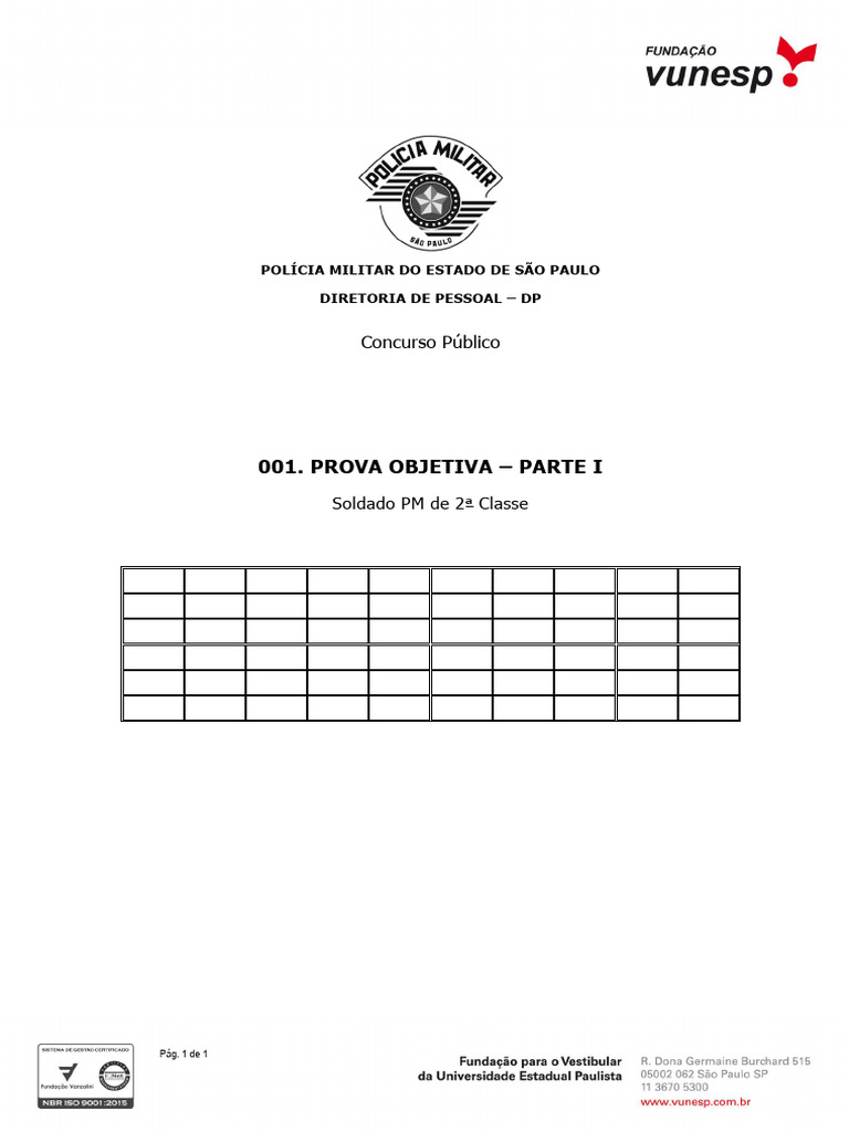 Vunesp 2023 PM SP Soldado PM de 2a Classe Gabarito | PDF