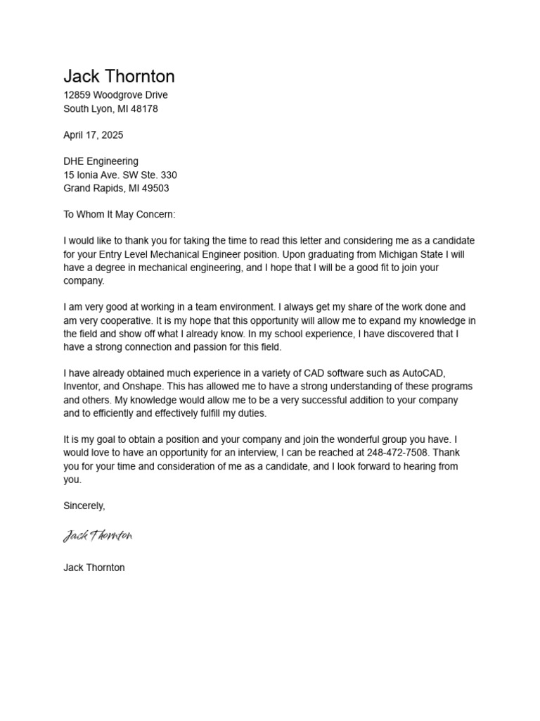 Jack Thornton - Cover Letter | PDF