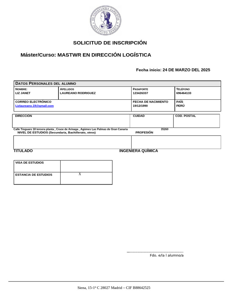 Solicitud de Inscripción Seneca Curso Master | PDF