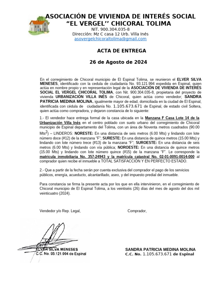 Acta de Entrega Sandra | PDF