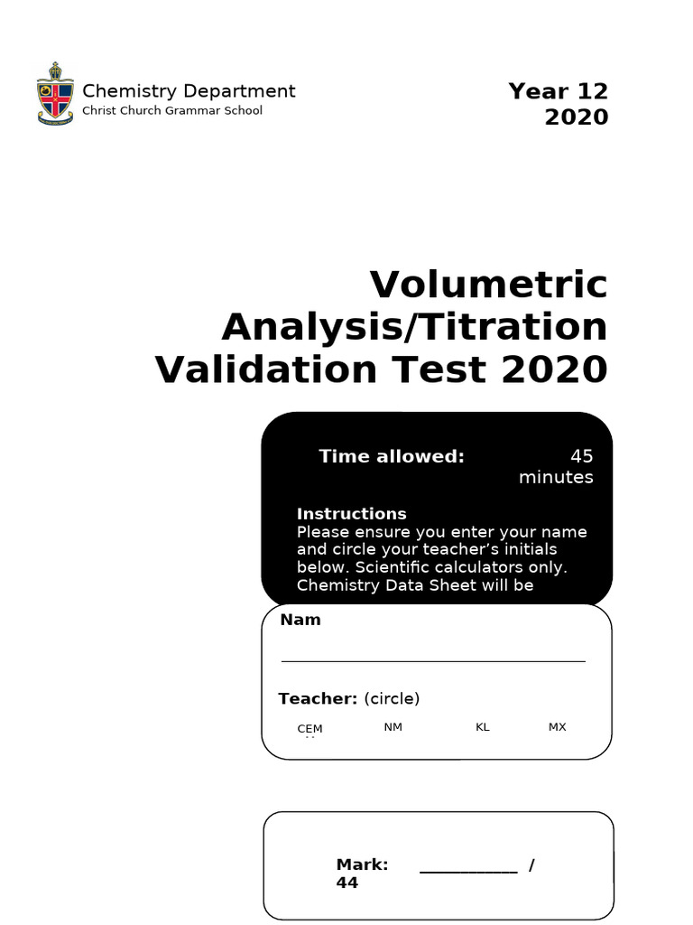 Vol Analysis Validation 2020 | PDF | Titration | Chemistry