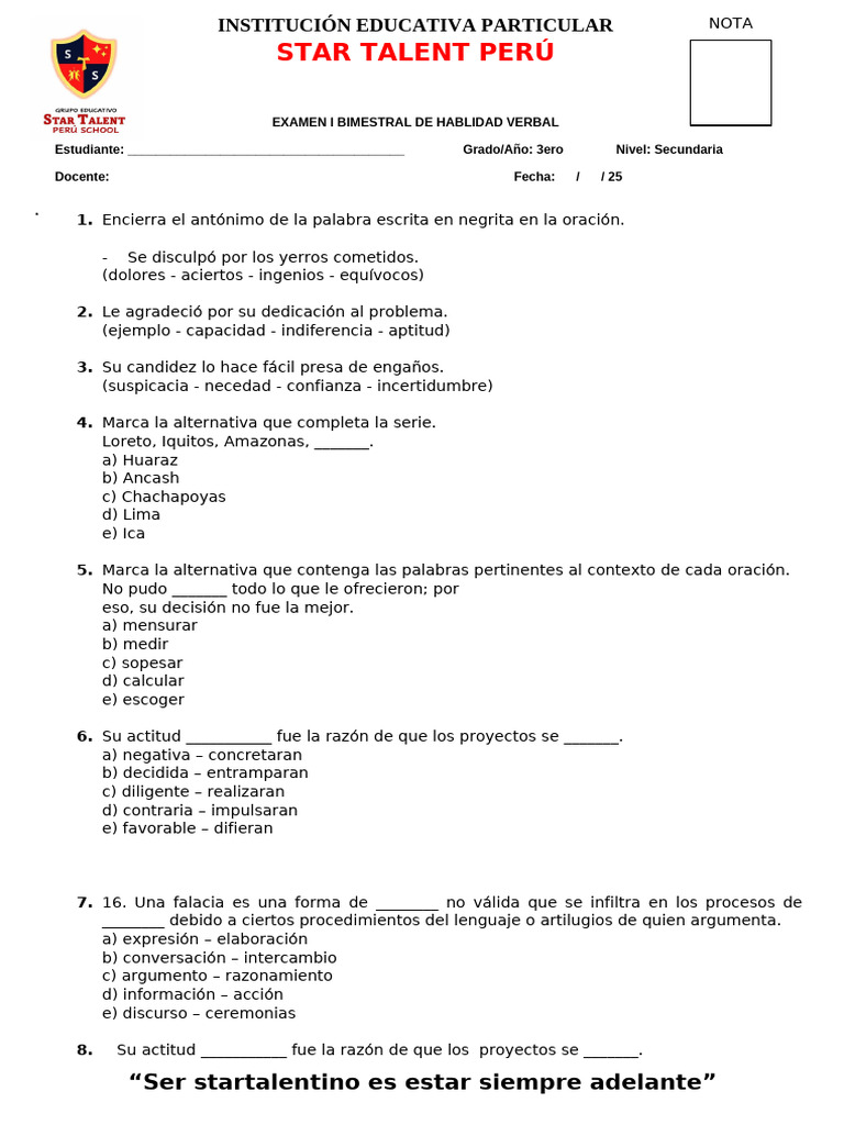 FORMATO DE EXAMEN Bimestral 3ero Habilidad Verbal | PDF