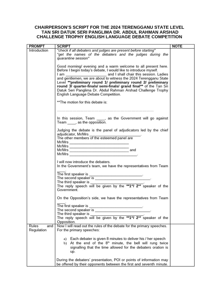 DEBATE Chairperson Script 2024 | PDF | Meetings