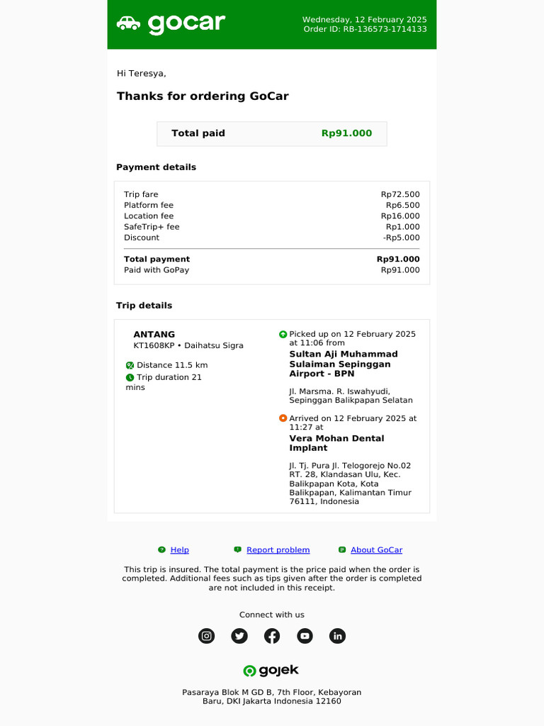 GoCar Trip Receipt - February 2025 | PDF | Business | Payments