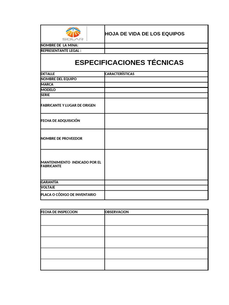 Hoja De Vida Equipos Pdf
