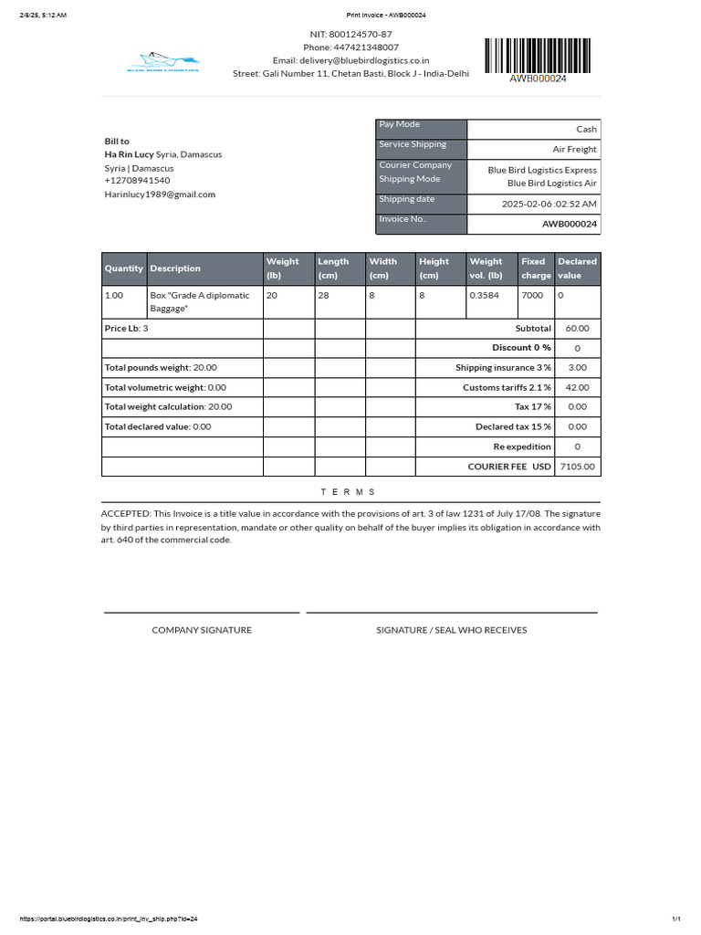 Invoice for Air Freight Shipping Services | PDF | Invoice