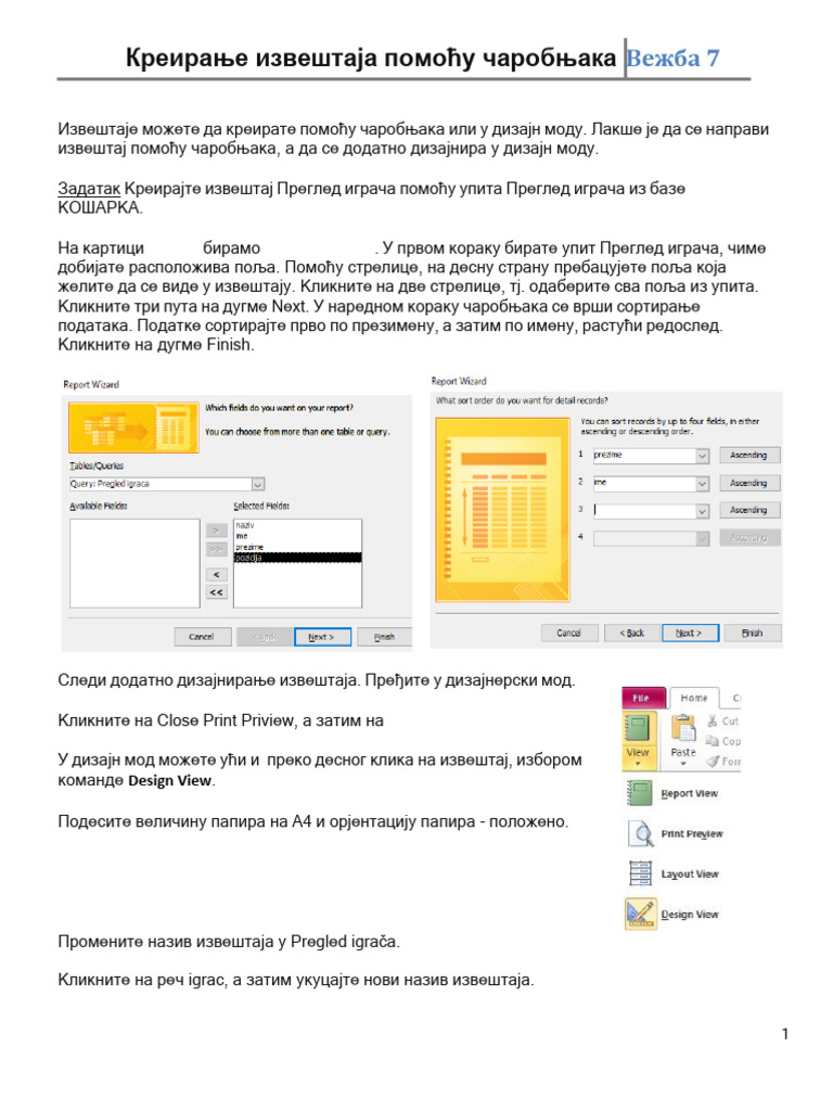 Vezba 1 Access - Kreiranje Izvestaja Pomocu Carobnjaka Kosarka | PDF