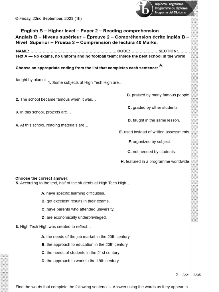 English B Paper 2 Reading Comprehension Question Booklet HL | PDF ...