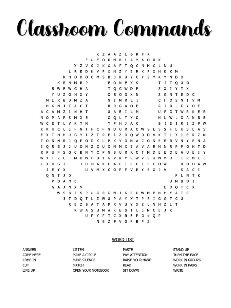 Classroom Commands Wordsearch Smiley | PDF