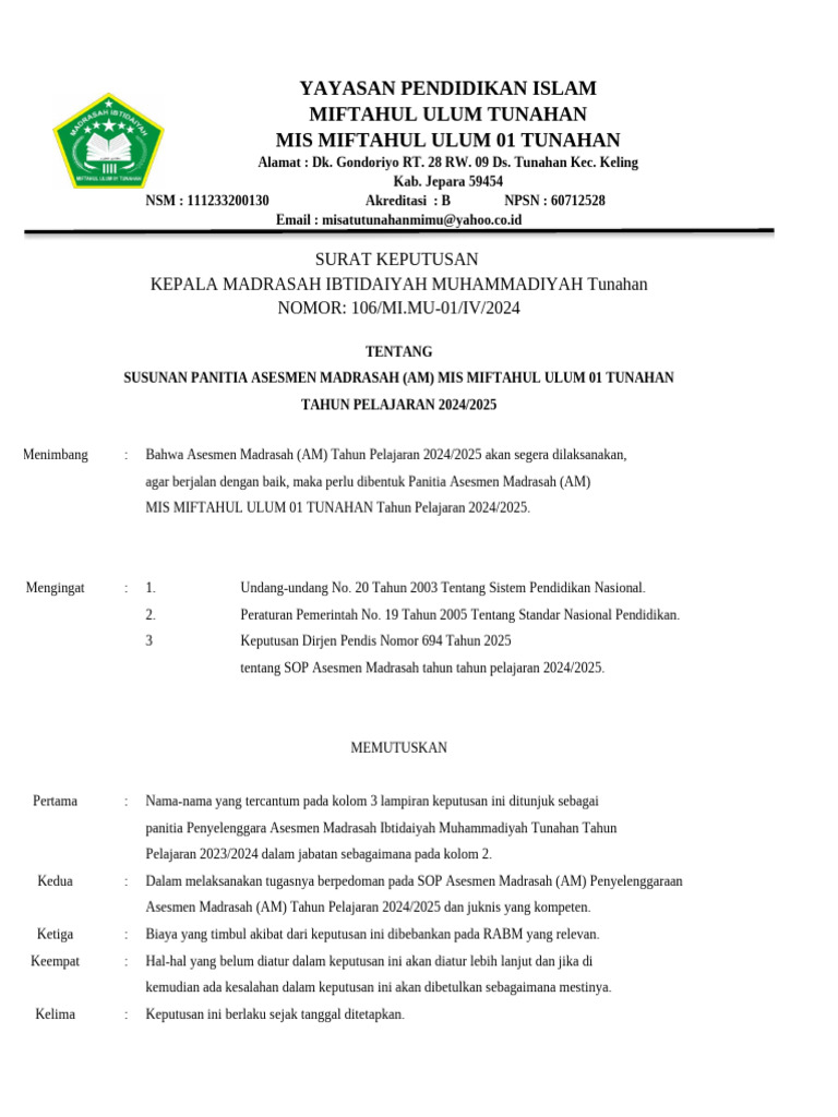 753602626 Sk Panitia Ujian Madrasah Mim Tegalampel 2024 2025 | PDF