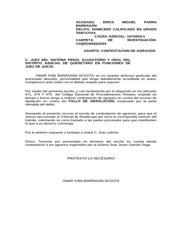 Contestacion Agravios Erick Miguel Parra | PDF | Apelación | Homicidio