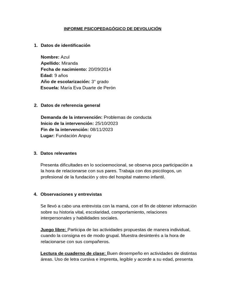 Informe Psicopedagógico de Devolución | PDF | Comportamiento | Sicología