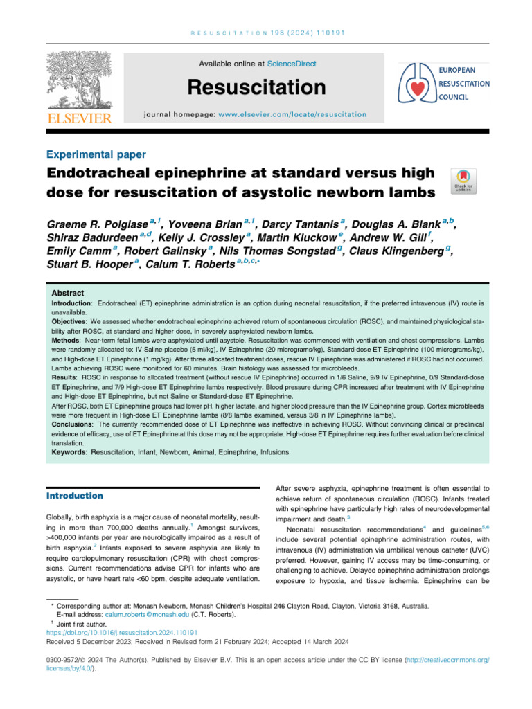 Endotracheal Epinephrine at Standard Versus High | PDF | Cardiopulmonary Resuscitation ...