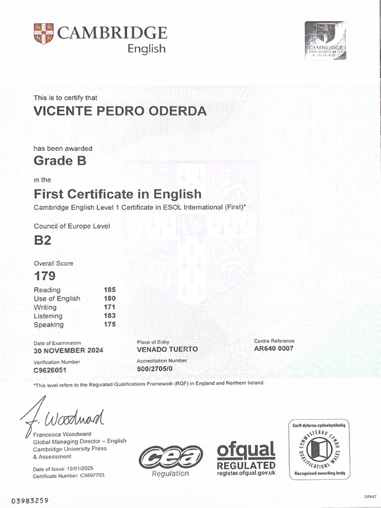 Certificado First Vicente Pedro Oderda | PDF