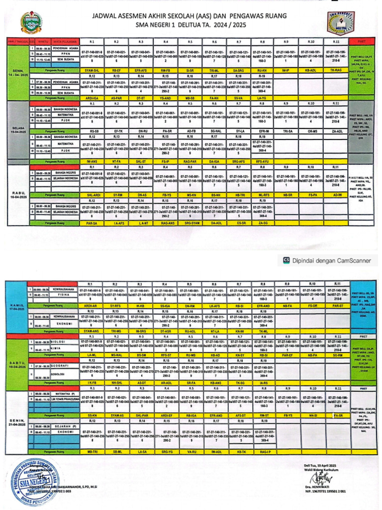 Jadwal AAS Dan Pengawas Ruang SMA Negeri 1 Delitua TA.2024-2025 | PDF