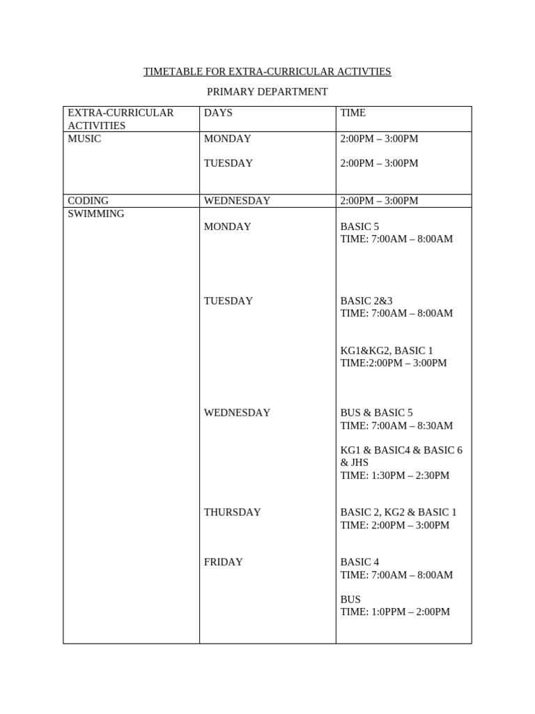 Timetable For Extra-Curricular Activities | PDF