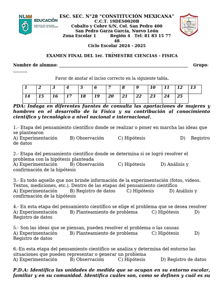 Exa Final 1º Tri Fisica 24-25 | PDF | Átomos | Núcleo atómico