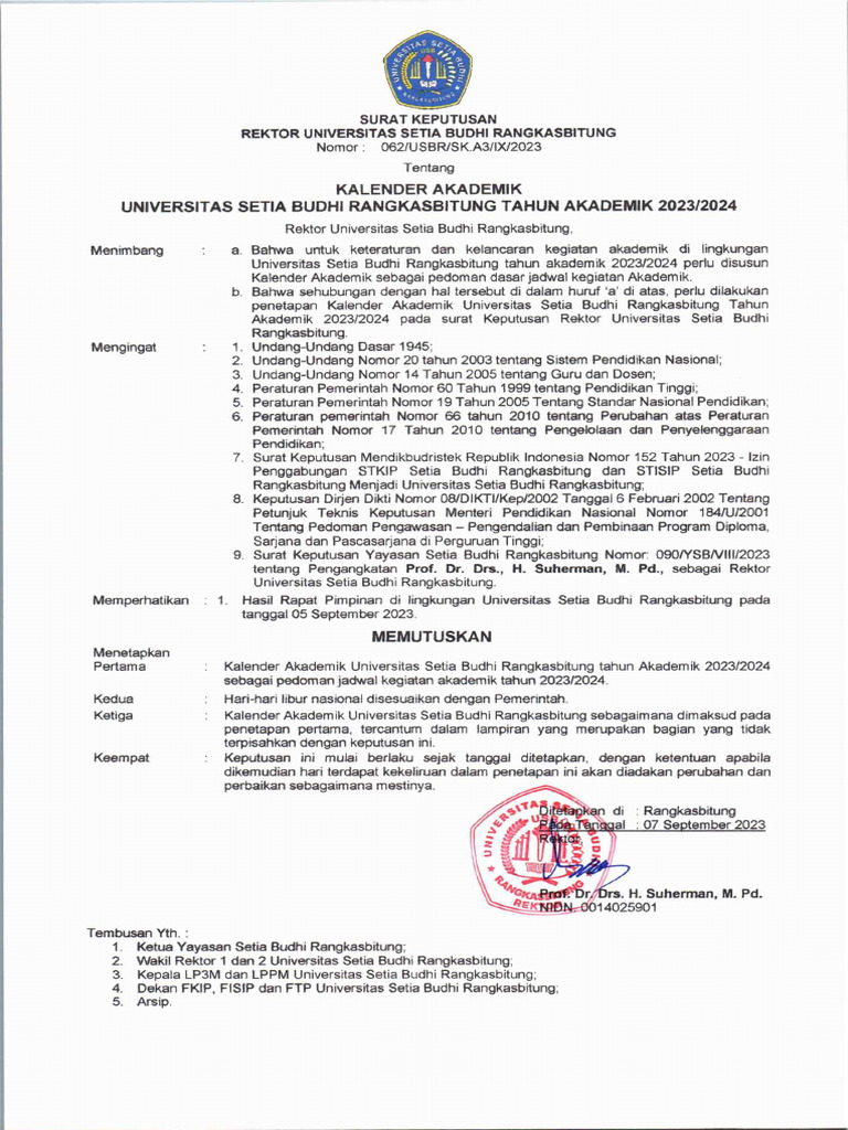 SK Rektor USBR No. 062 Tahun 2023 Kalender Akademik USBR Tahun Akademik ...