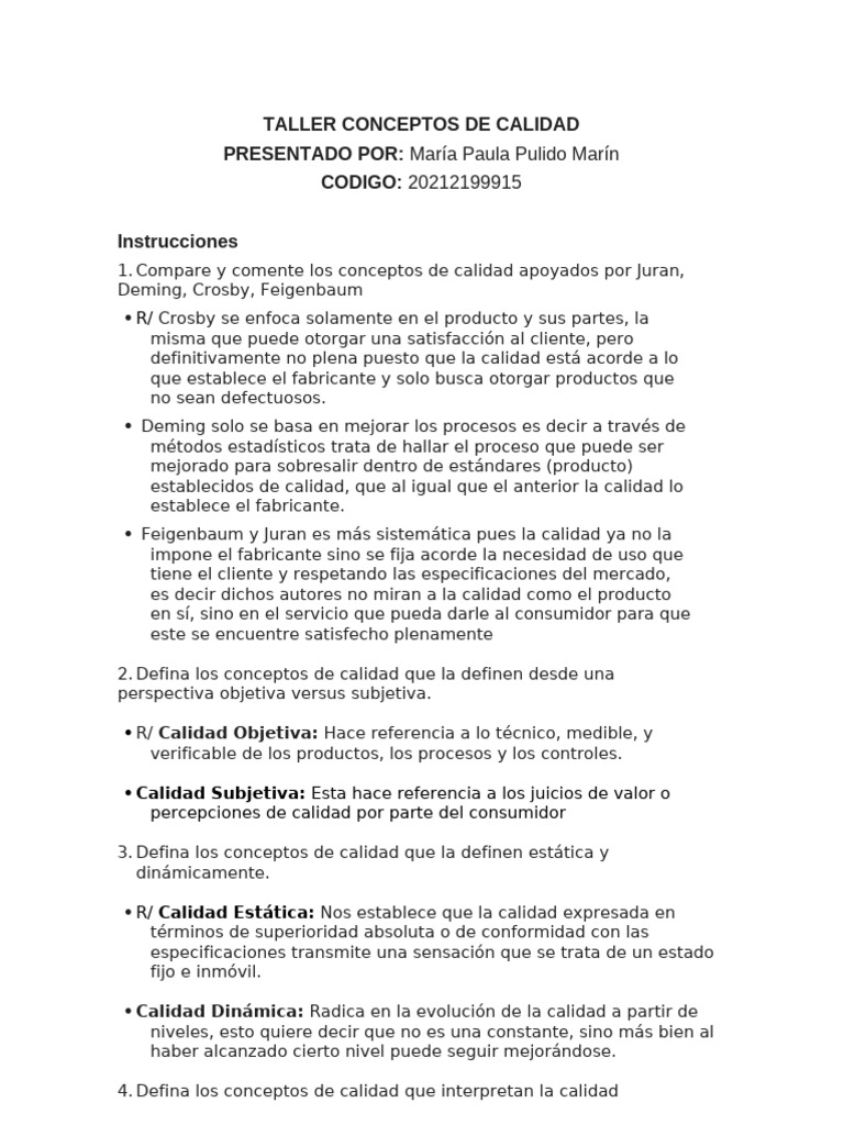 TALLER CONCEPTOS DE CALIDAD | PDF | Calidad (comercial) | Gestión de la calidad