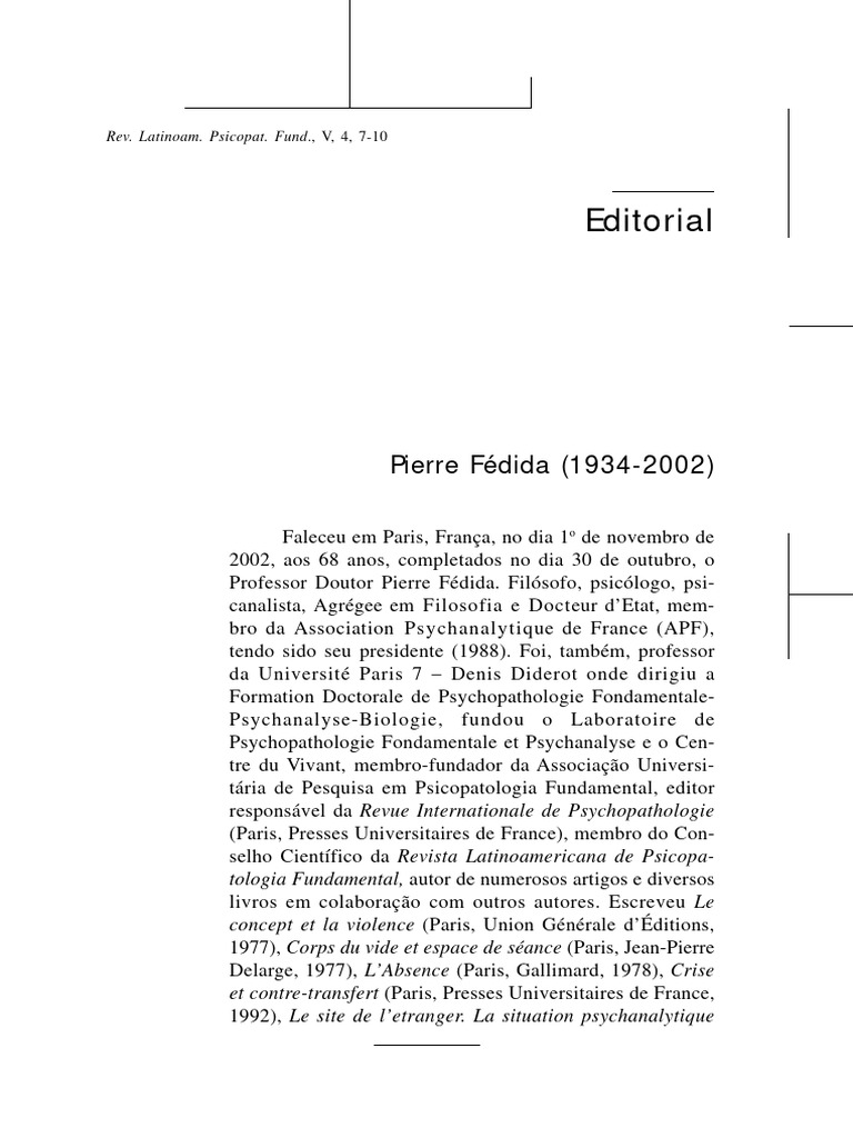 Legado de Pierre Fédida na Psicanálise | PDF | Psicanálise | Psicopatologia