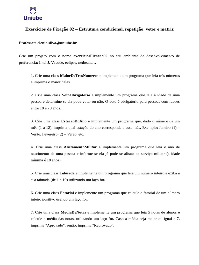 Exerc AciosDeFixa C Eo02poo | PDF | Matriz (Matemática) | Álgebra linear