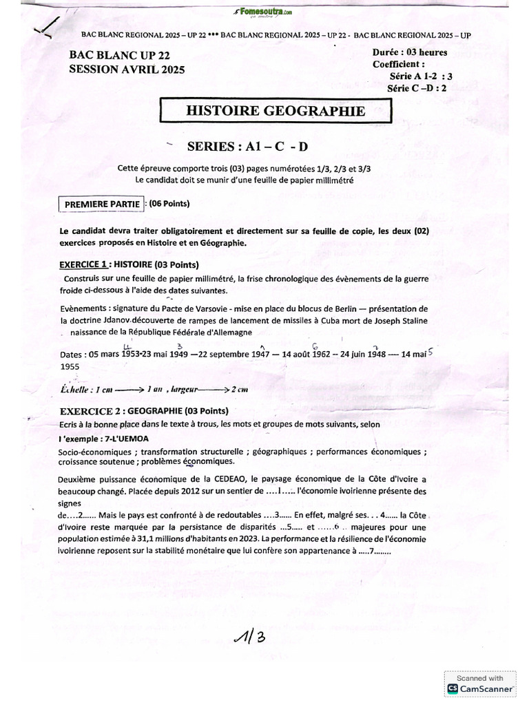 Bac Blanc Régional 2025 Dren Abidjan 4 Sainte Foi Abobo Histoire Geographie Serie a1&CD Sujet by ...