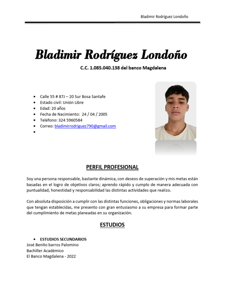 Hoja de Vida Bladimir Rodríguez Londoño | PDF