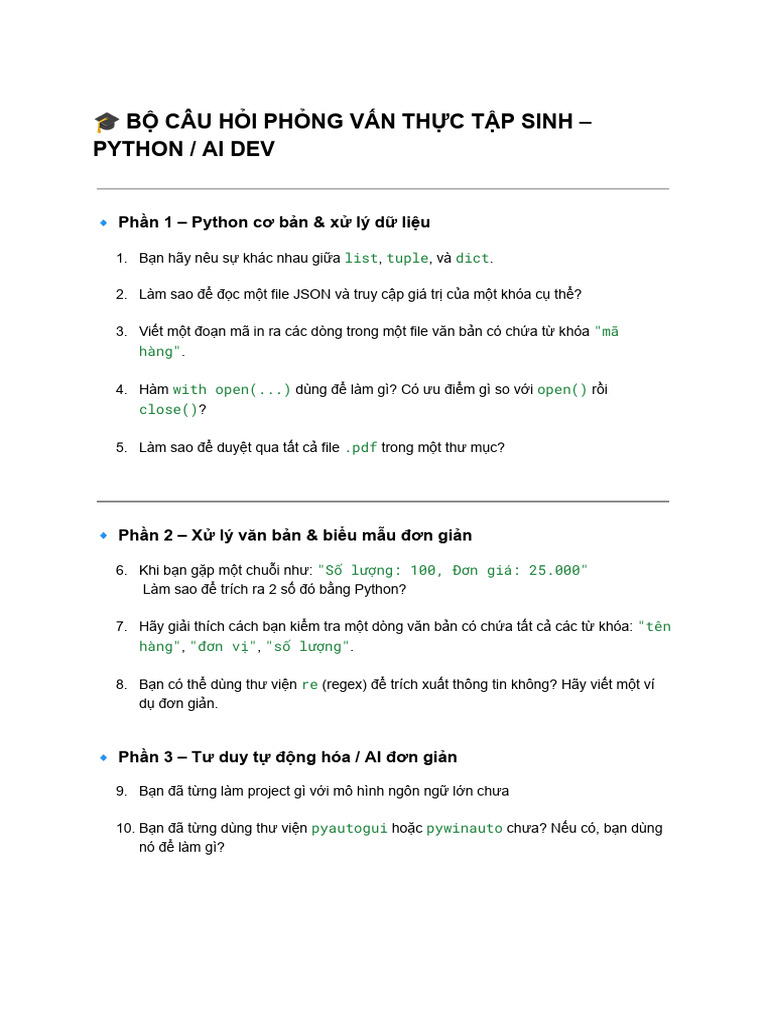 ? Bộ Câu Hỏi Phỏng Vấn Python - Ai Dev | PDF