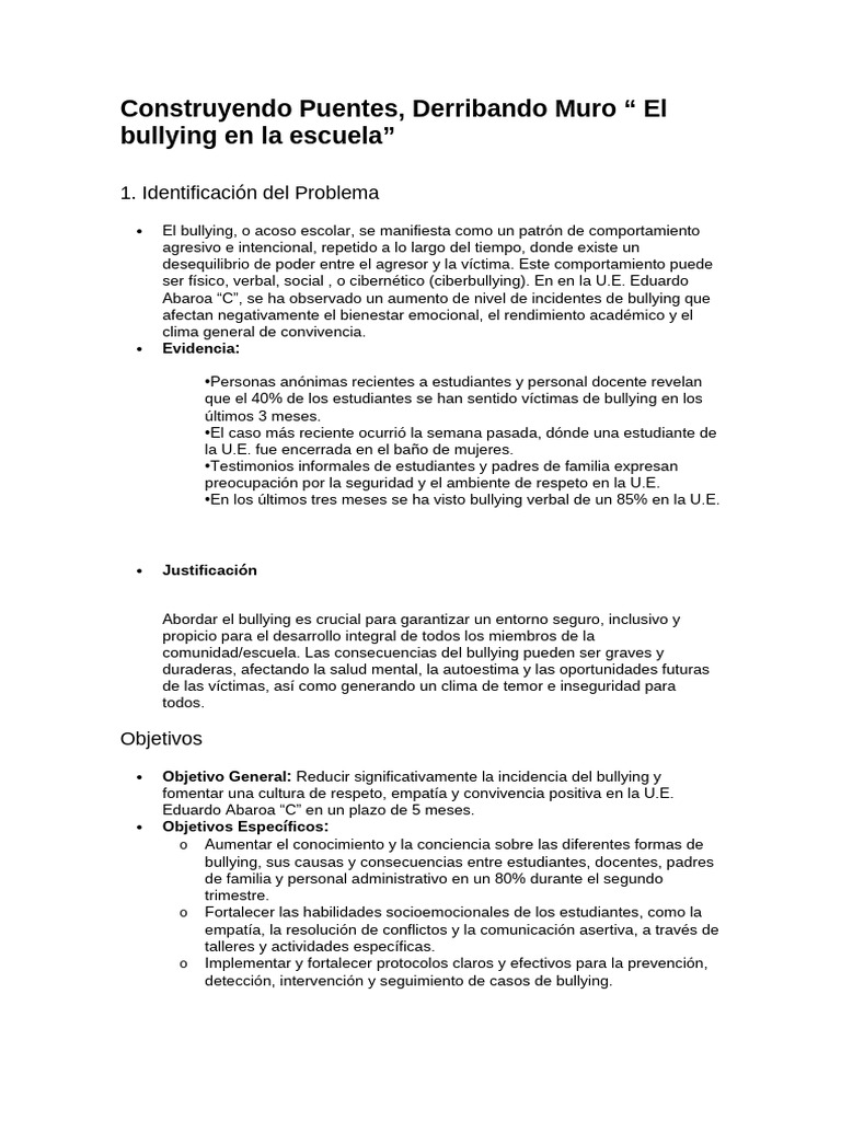 Construyendo Puentes, Derribando Muro " El Bullying en La Escuela ...