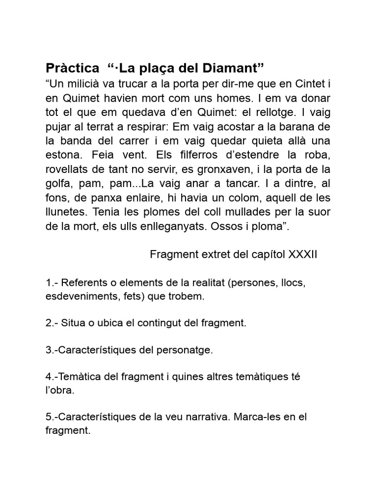 Pràctica 1 - La Plaça Del Diamant | PDF