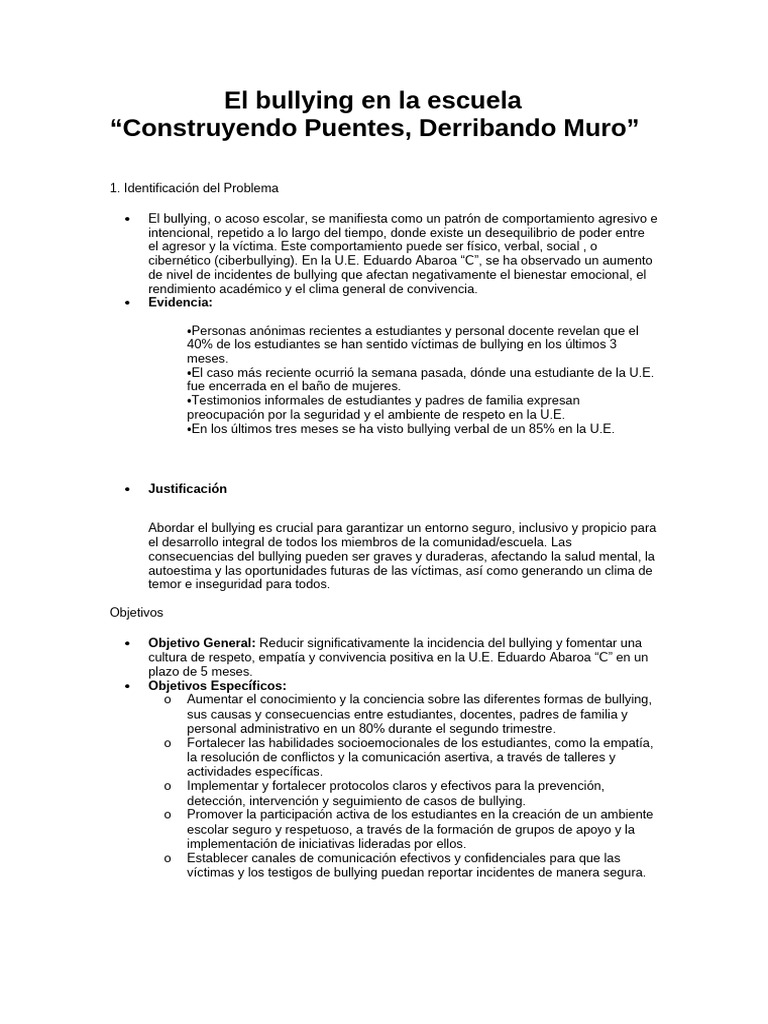 El Bullying en La Escuela "Construyendo Puentes, Derribando Muro" | PDF ...