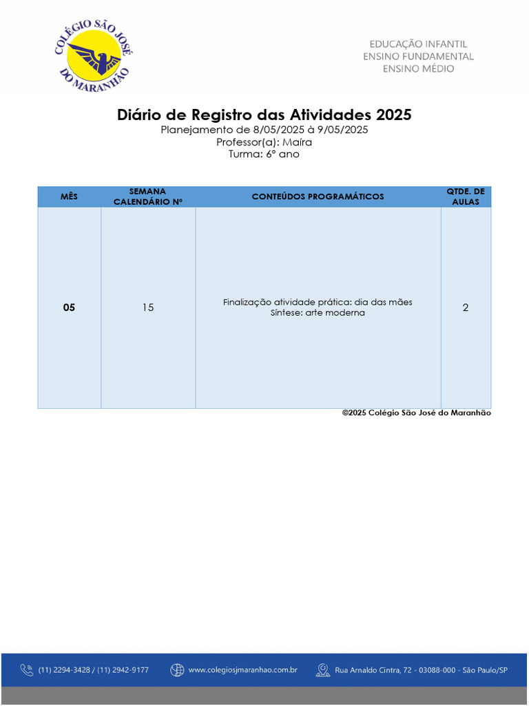 Diário de Registro das Atividades 2025 - 6º ano - Arte 6 | PDF