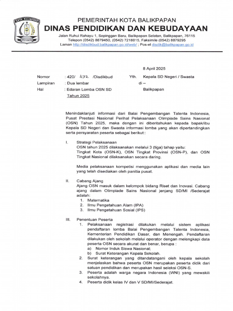 Edaran Lomba Osn SD Tahun 2025-1 | PDF