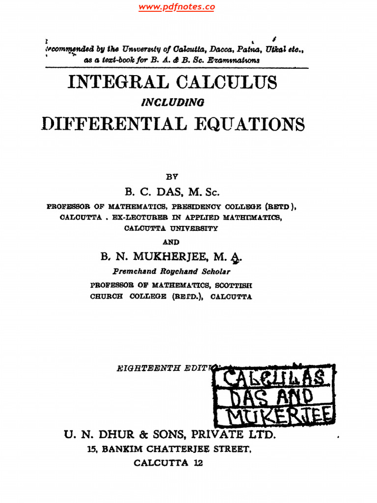 Integral Calculus Including Differential Equation (Das and Mukherjee) | PDF