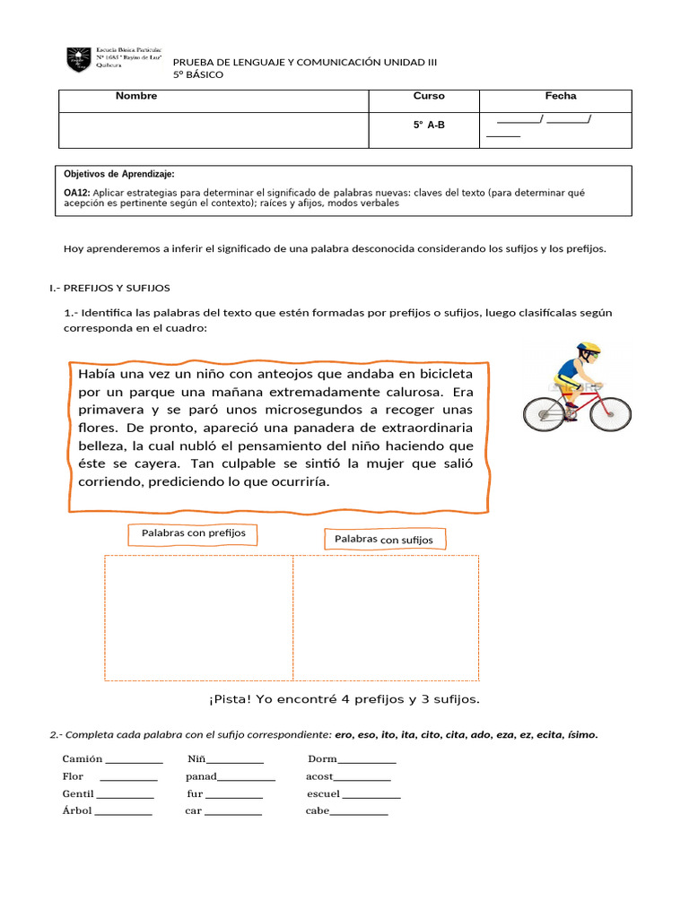Prueba Lenguaje Unidad 3 5° Basico | PDF