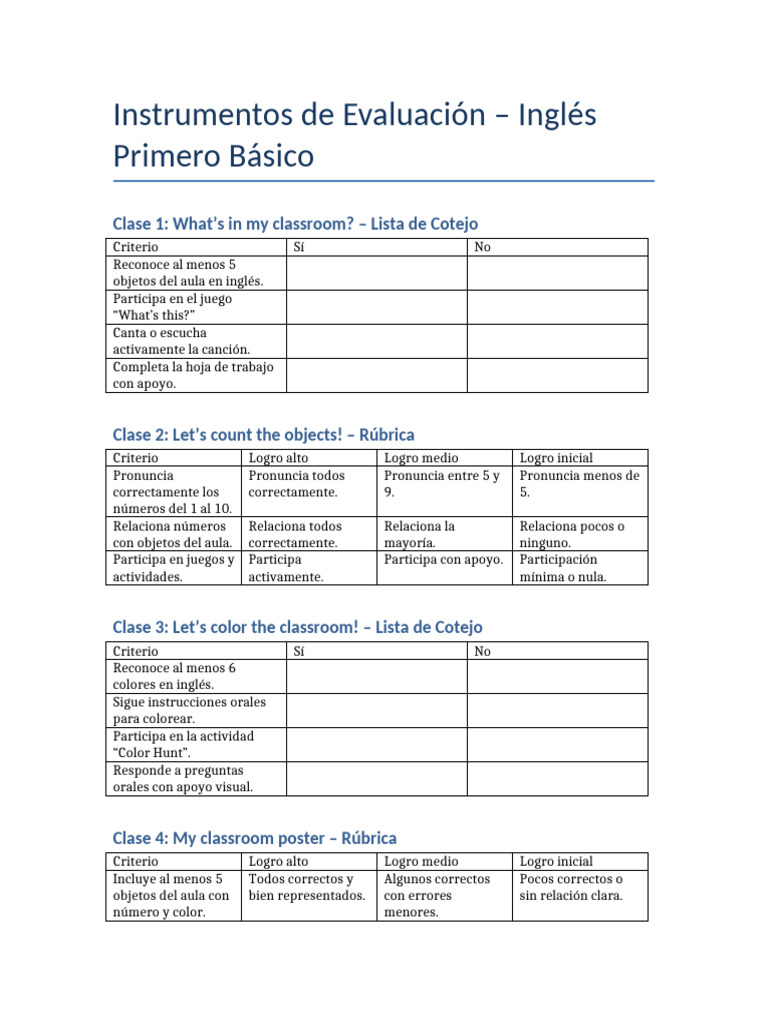 Instrumentos Evaluacion Ingles Primero Basico | PDF