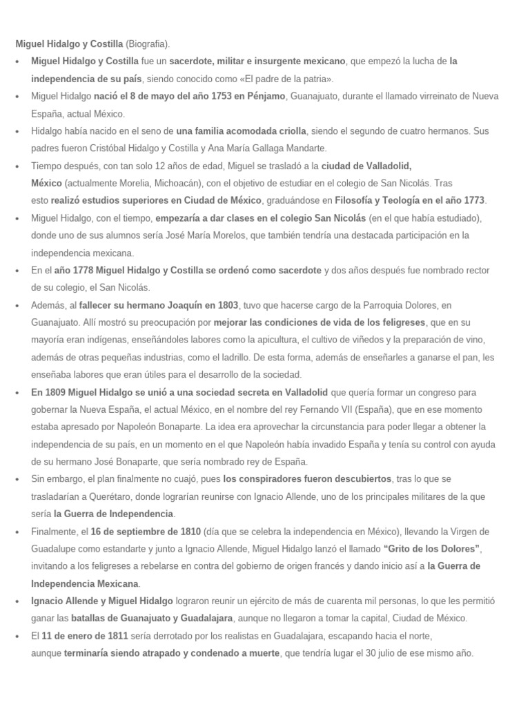 Miguel Hidalgo y Costilla y Jose Maria Morelos Biografia | PDF