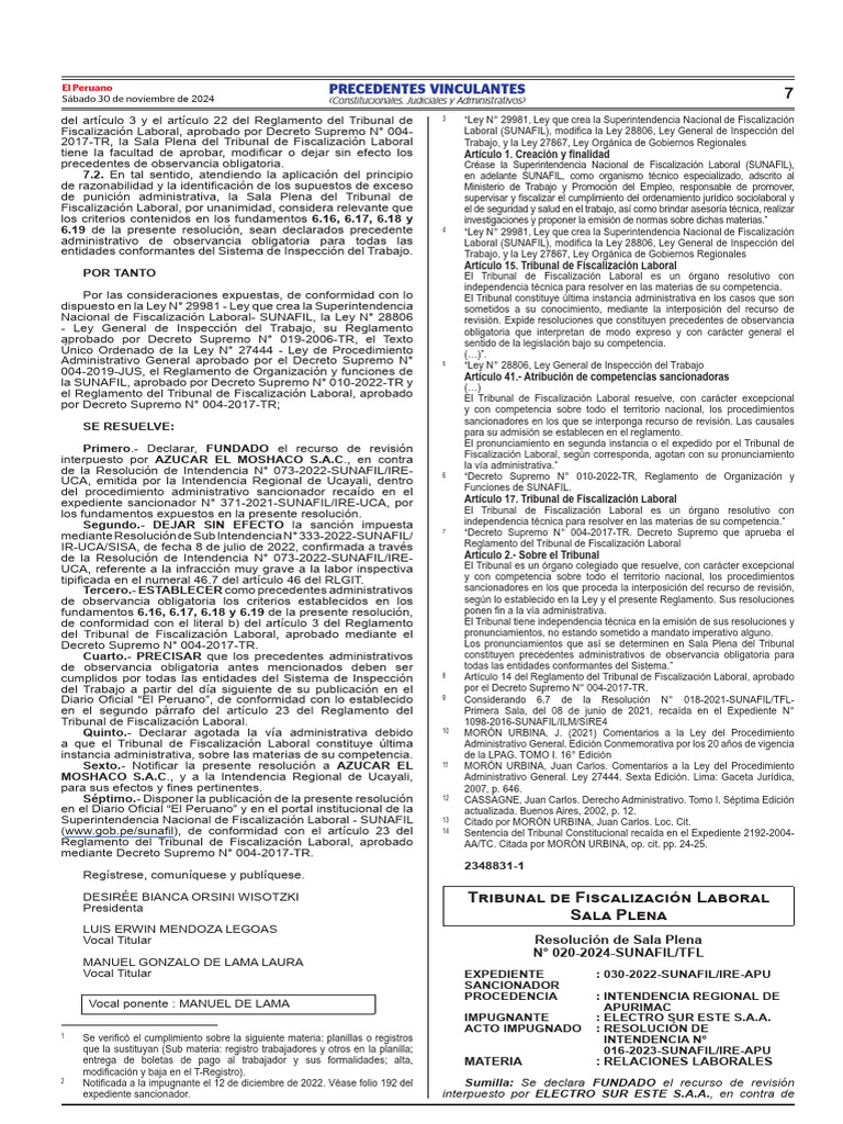 Resolución Nro. 0020-2024-SUNAFIL-TFL | PDF | Derecho laboral | Precedente