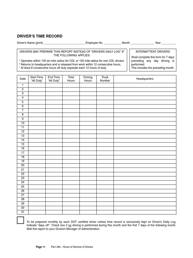 Driver Time Record for Short-Haul Operations | PDF