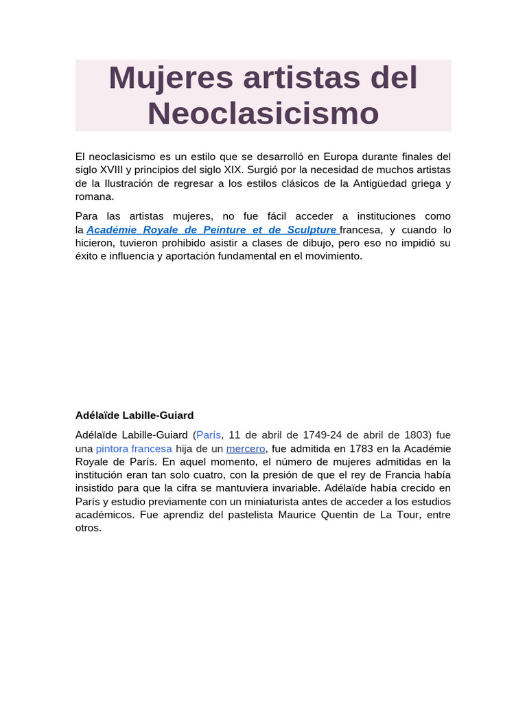 Mujeres Artistas Del Neoclasicismo | PDF