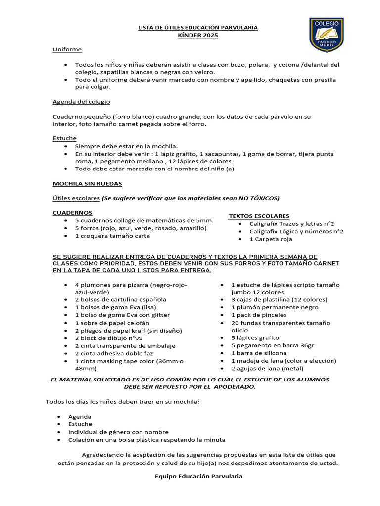 Lista de Utiles KINDER | PDF | Lápiz | Materiales de Conservación y ...