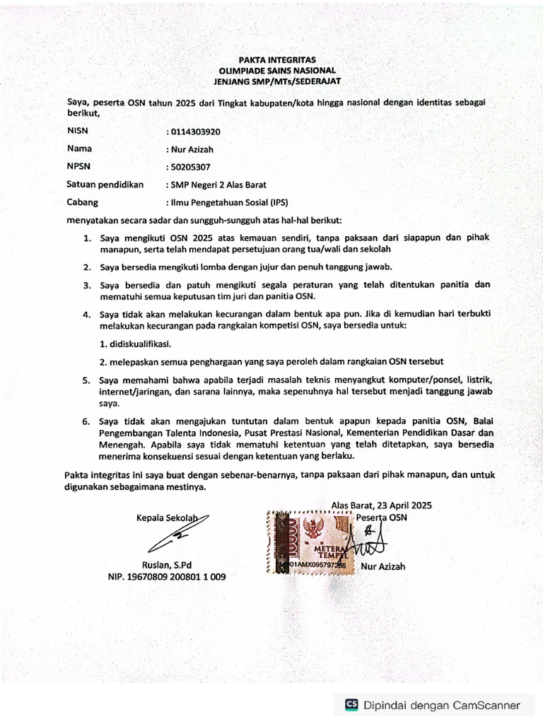 PAKTA INTEGRITAS-NUR AZIZAH (IPS) | PDF